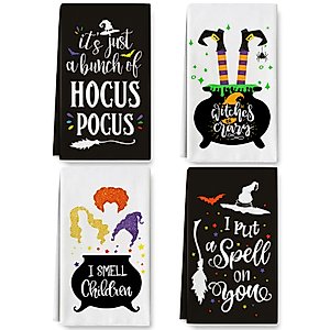 AnyDesign Halloween Kitchen Towel White Black Hocus Pocus Tea Towel 18 x 28 Inch Witches Theme Hand Drying Cloth Washable Decorative Dishcloth for Home Kitchen Bathroom Cooking, 4 Pack
