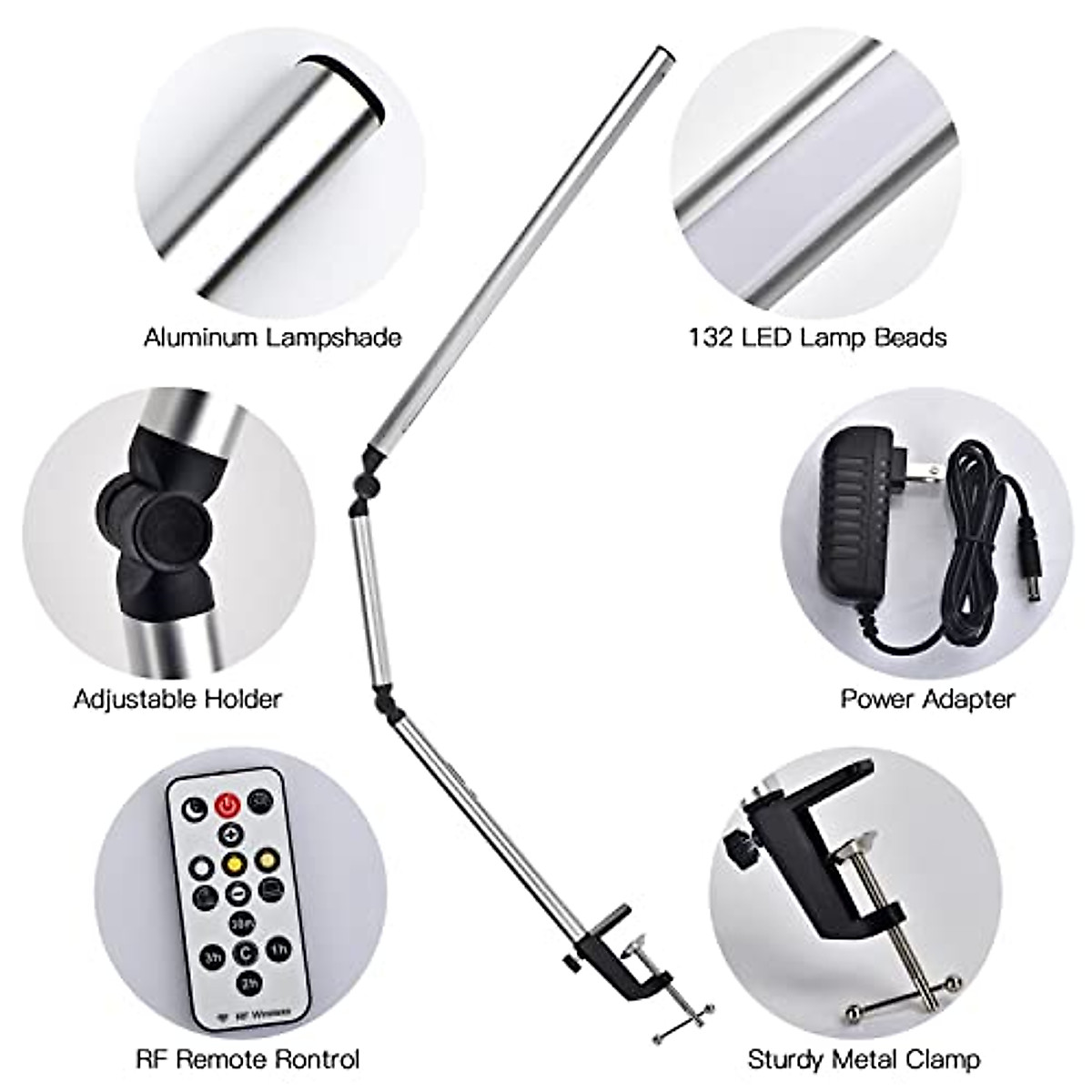 Coyfa LED Desk Lamp with Clamp and RF Remote, Metal Swing Arm Desk Lamps for Home Office, 3 Color Modes 6 Brightness Timing Dimmable Eye Caring Memory Function Desk Light