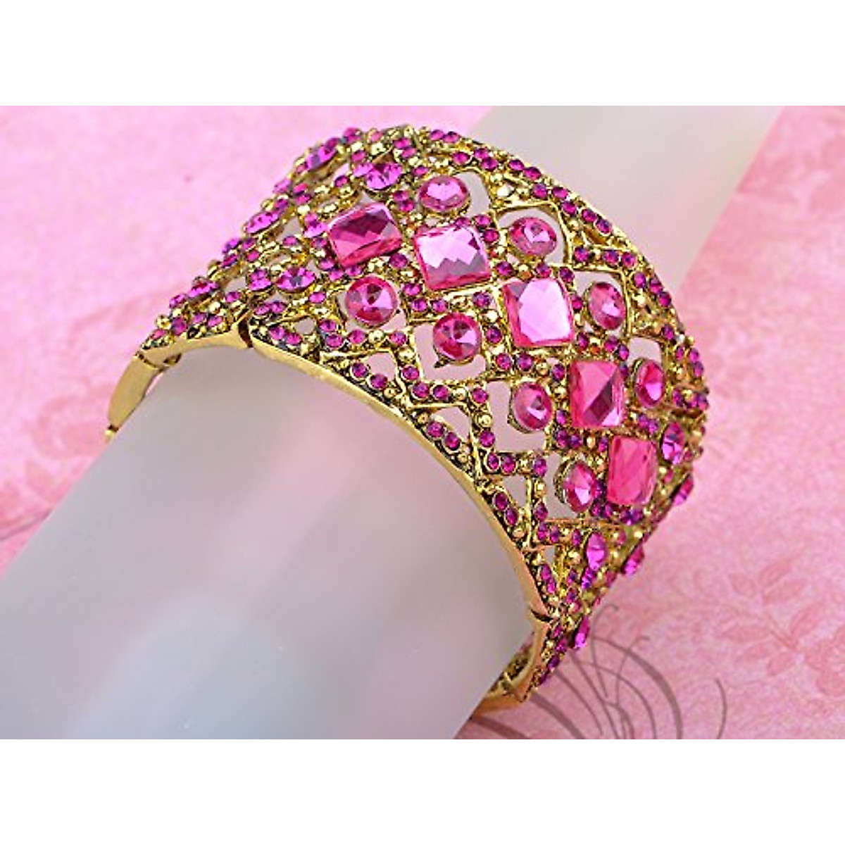 Alilang Womens Rhinestone Bracelet Exotic Golden Tone Fuchsia Pink Crystal Cuff Bangle