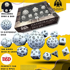 Grinning Gargoyle – 13x Deluxe Poly RPG Dice Set - Perfect for DND 5th Edition Pathfinder Starfinder Cyberpunk and Blades in The Dark – Includes a Giant 45mm 100 Sided Polyhedral Die or D100 (White)