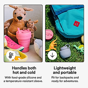 STOJO Jr Collapsible Travel Cup with Straw for Kids - Peony Pink, 8oz / 250ml - Leak-Proof Reusable To-Go Pocket Size Silicone Bottle for Hot & Cold Drinks - Camping & Hiking - Dishwasher Safe