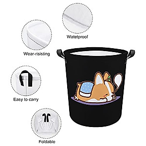 Sleeping Corgi Laundry Hamper Round Canvas Fabric Baskets with Handles Waterproof Collapsible Washing Bin Clothes Bag