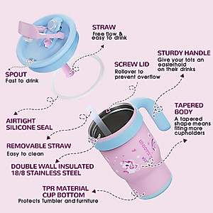 KXIAOCHEN 14 oz Kids Tumbler with Handle for Leakproof Insulated Stainless Steel Reusable Tumbler for Toddlers, Keeps Drinks Cold up to 24 Hrs, Pink Unicorn