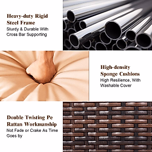 HAPPYGRILL 3-Piece Outdoor Rattan Sectional Sofa Set Patio Wicker Rattan Conversation Furniture Set, Steel Frame & Seat Cushion, Perfect for Garden Lawn Pool Backyard