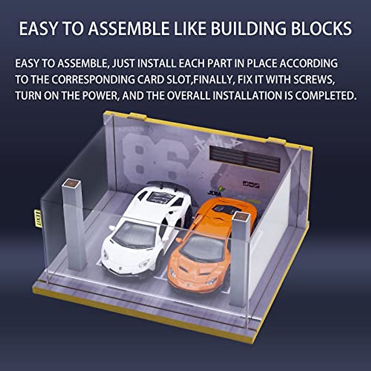 SIKIVOT 1：32 Car Display Case，Diecast Garage Scene Display， Scale Garage Display Case，2 Parking Space with LED Light and Acrylic Cover (7332Number 86)