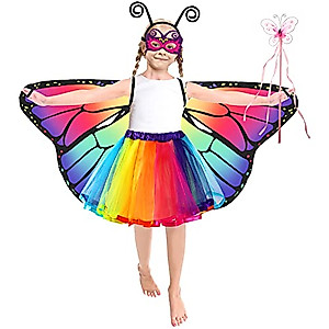 Kids Butterfly Costume Rainbow Tutu Dress for Girls, Eye Covering, Antenna Headband Fairy Wand for Christmas Girls Gift Party (Multicolor)