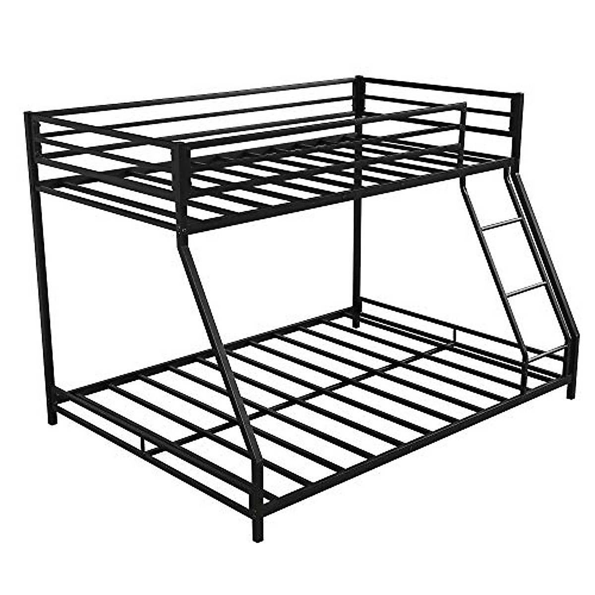 Low Bunk Beds Twin Over Full Size with Sloping Stair, Heavy Duty Bed Frame with Safety Guard Rails for Kids Teens Adults, No Box Spring Needed (Black)