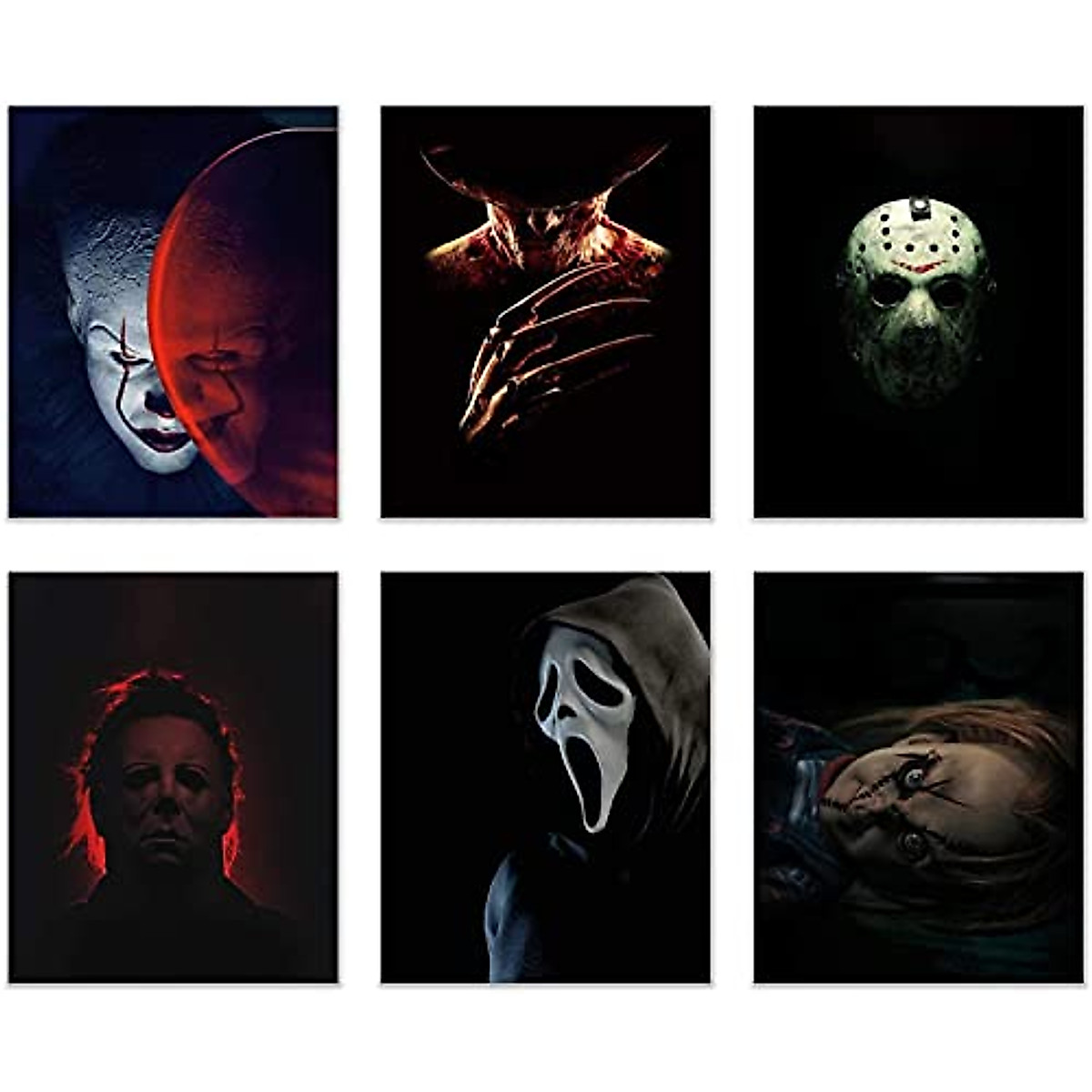 Horror Movie Poster Villain Characters Terror Poster Scary Halloween Painting Picture Prints Set Of 6 (8 In X 10 In) Bedroom Decor Wall Art