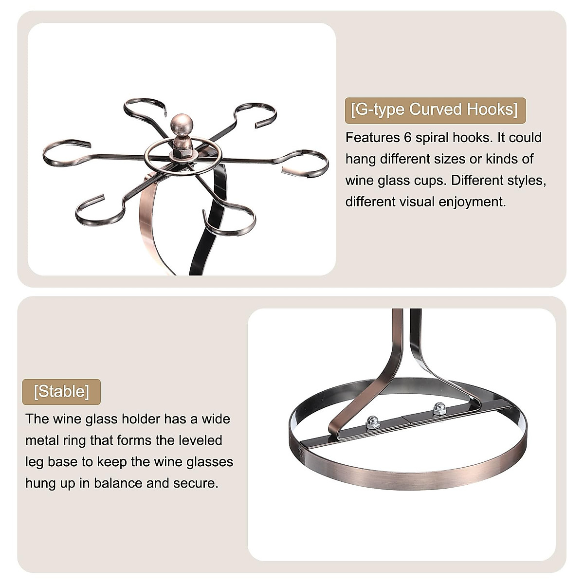 uxcell Countertop Wine Glass Holder, Freestanding Wine Glass Rack with 6 Hooks, Metal Stemware Holder Stand for Bar, Kitchen Home Storage (Bronze 235x335mm)