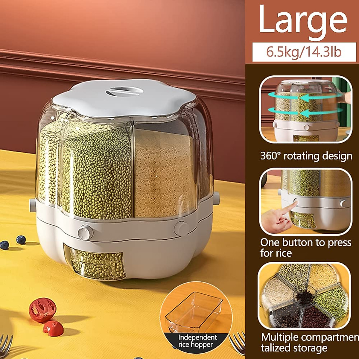 MIGHTYDUTY 6 Grid Rotating Food Dispenser Cereal Containers Storage Dispenser 360° Rotatable 15 lb Grain Storage Household Kitchen Storage Container for Rice, Beans, Grains Plum Type White