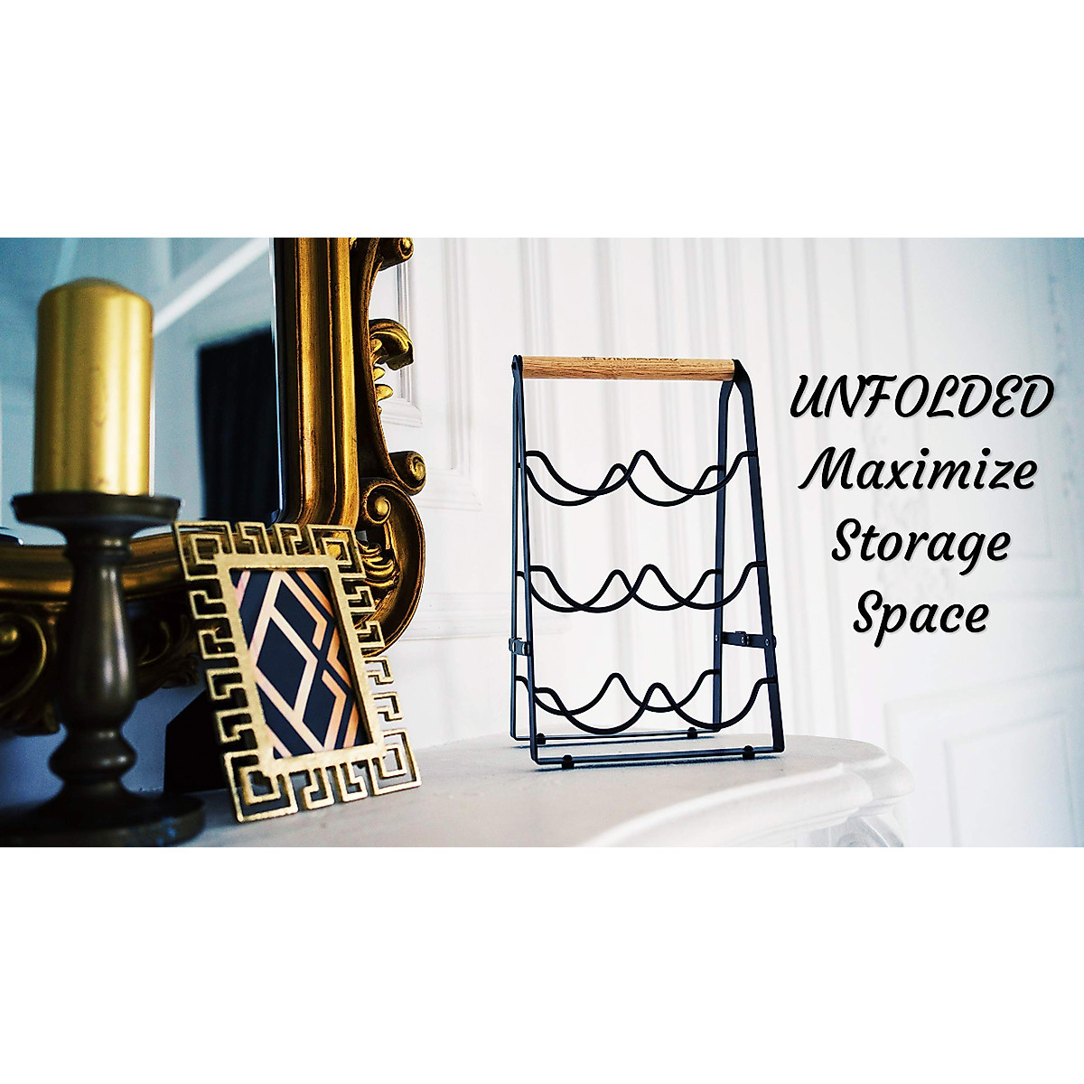 ARTES Countertop Wine Rack - Stackable Wine Holder for 6 Bottles - Metal Wine Racks for Pantry, Cabinet, Home Bar, Wine Cellar in a Three-Tiered Classic Design with Wooden Handle, Black