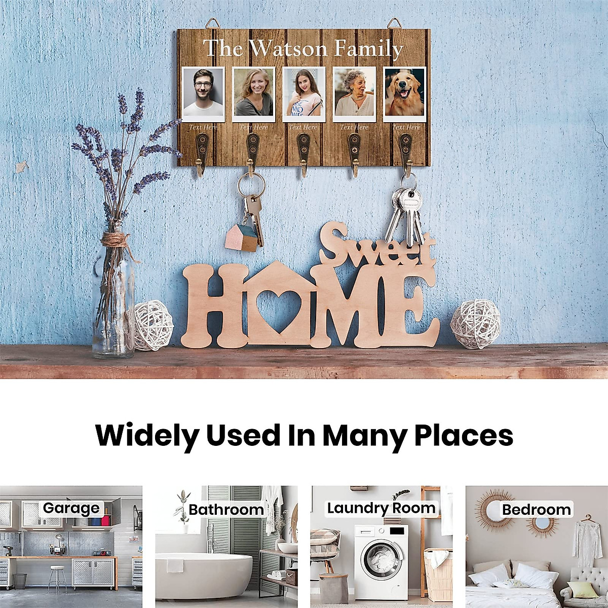 Ussunarts Personalized Key Holder Custom 5 Family Photos and Name Key Hanger for Wall, Housewarming Gift, Wall Key Rack, Rustic Wood Plank Look