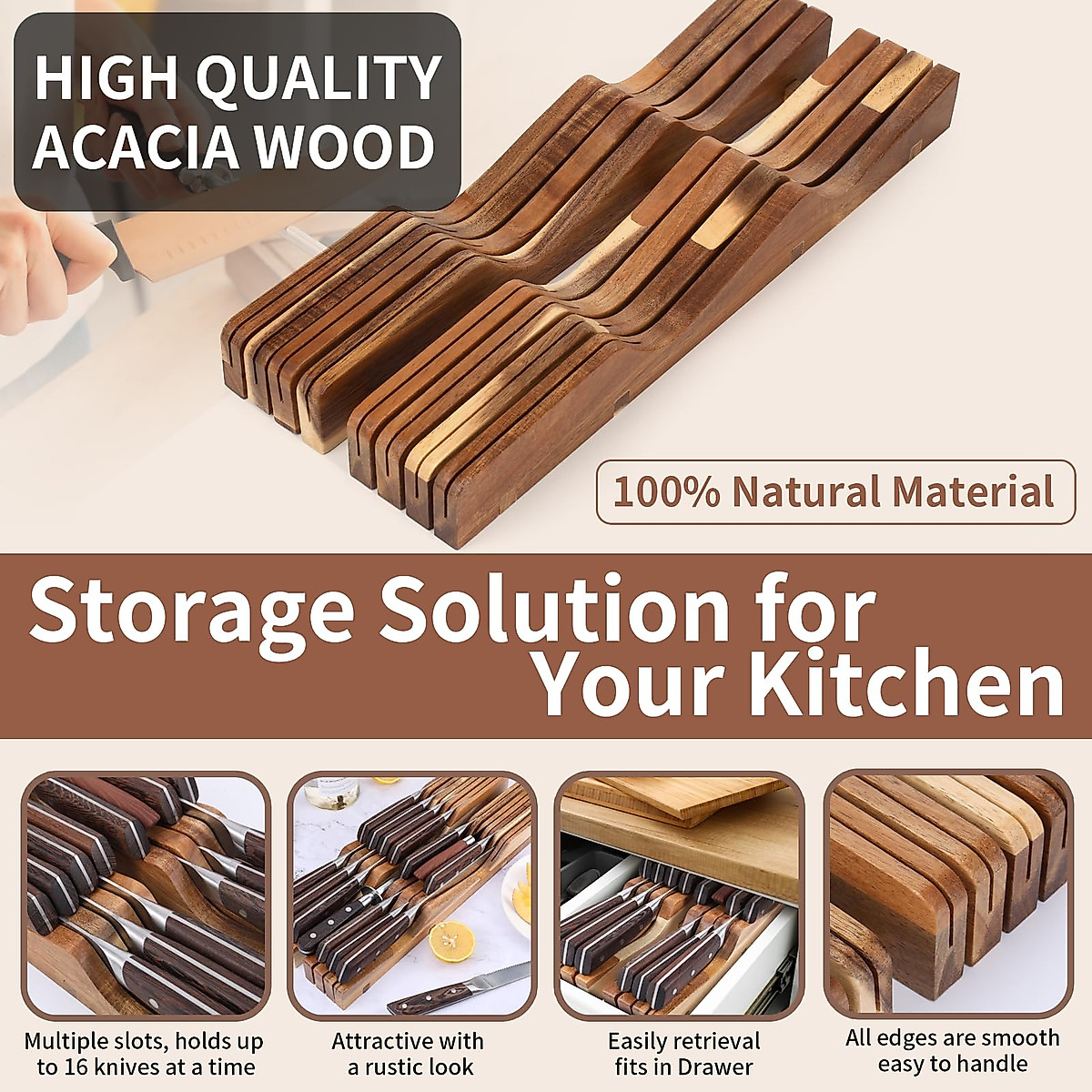 Ouvibor Acacia Wood Knife Drawer Organizer, In-Drawer Knife Block for 16 Knives & Honing Steel(Not Included), Drawer Knife Organizer for Steak Knives,Kitchen Knives, Washable & Saves Countertop Space