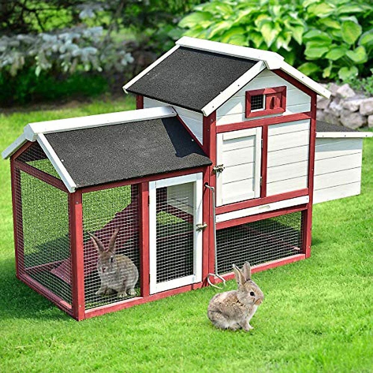 Tangkula 60" Large Rabbit Hutch Wooden White Rabbit Bunny Outdoor Animal Cage Rabbit Hutch House with Black Linoleum Roof
