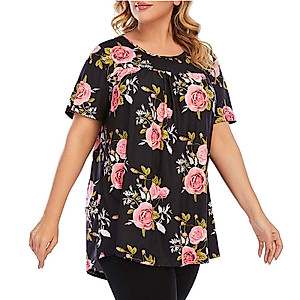 Bravetoshop Plus-Size Tops for Women Short Sleeve Round Neck Casual Tunic Tops Summer Loose Blouse (Black,XL)