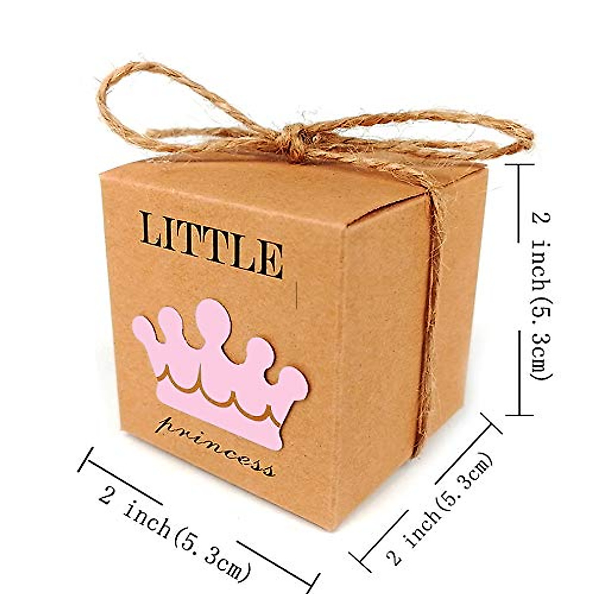 50pcs Little Princess Baby Shower Favor Boxes + 50pcs Twine Bow, Candy Bag Rustic Kraft Paper Gift Box for Baby Shower Party Supplies Cute 1st Birthday Girl Decoration