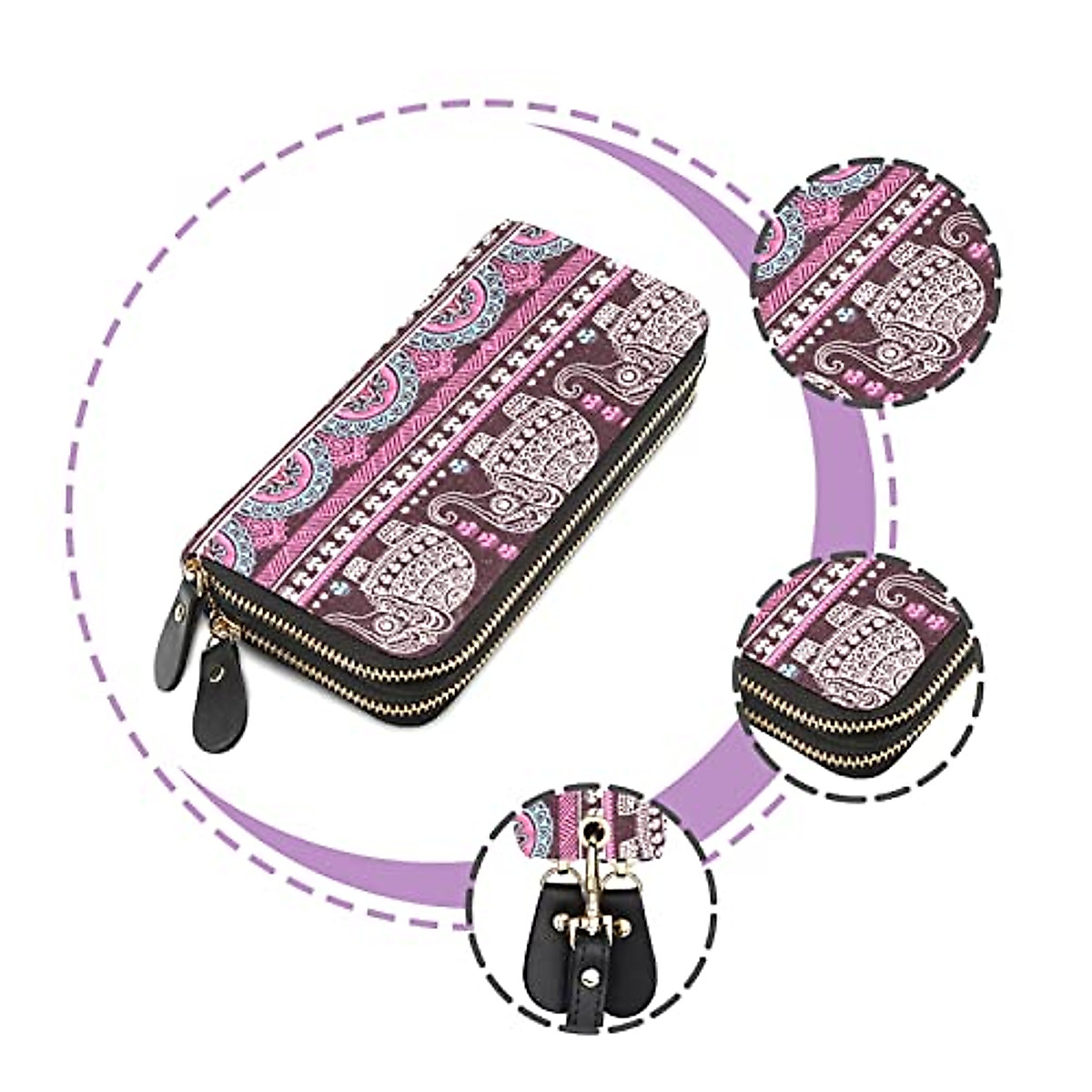 LATH.PIN RFID Blocking Bohemian Purse Wallet Canvas Elephant Pattern Handbag with Coin Pocket and Strap