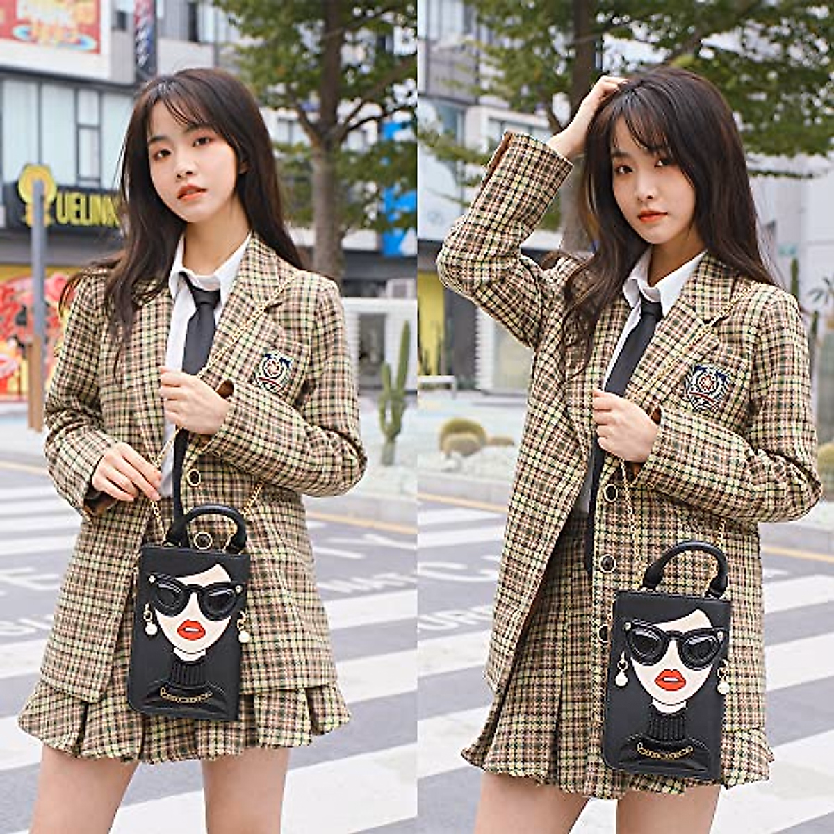 ENJOININ Women Novelty Lady Face Shoulder Bags Funky PU Leather Top Handle Satchel Handbags Clutch Purse for Women (black-1A)