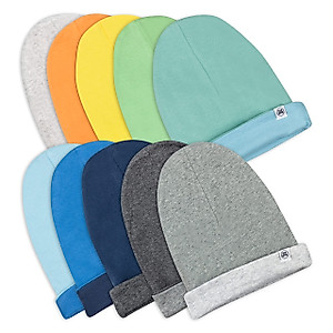 HonestBaby Organic Cotton Reversible Beanie Hats Multi-Packs, 10-Pack Rainbow Boy, One Size