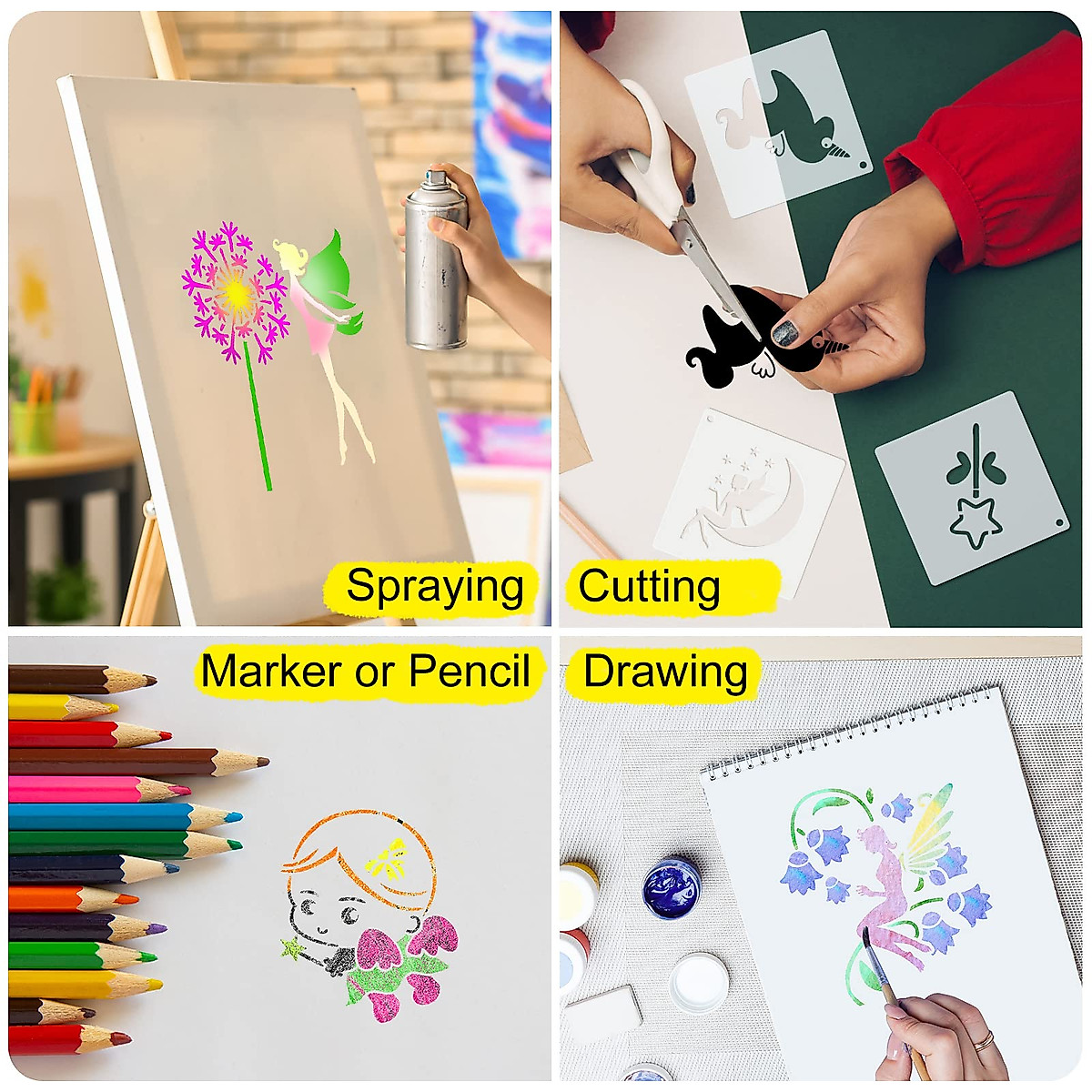 60 Pieces Stencils for Painting on Wood Small Reusable Stencil Flower Animal Deer Bear Butterfly Bird Bee Mountain Themed DIY Craft Template Paint Stencils for Wall Home Decor(Fairy Tale)