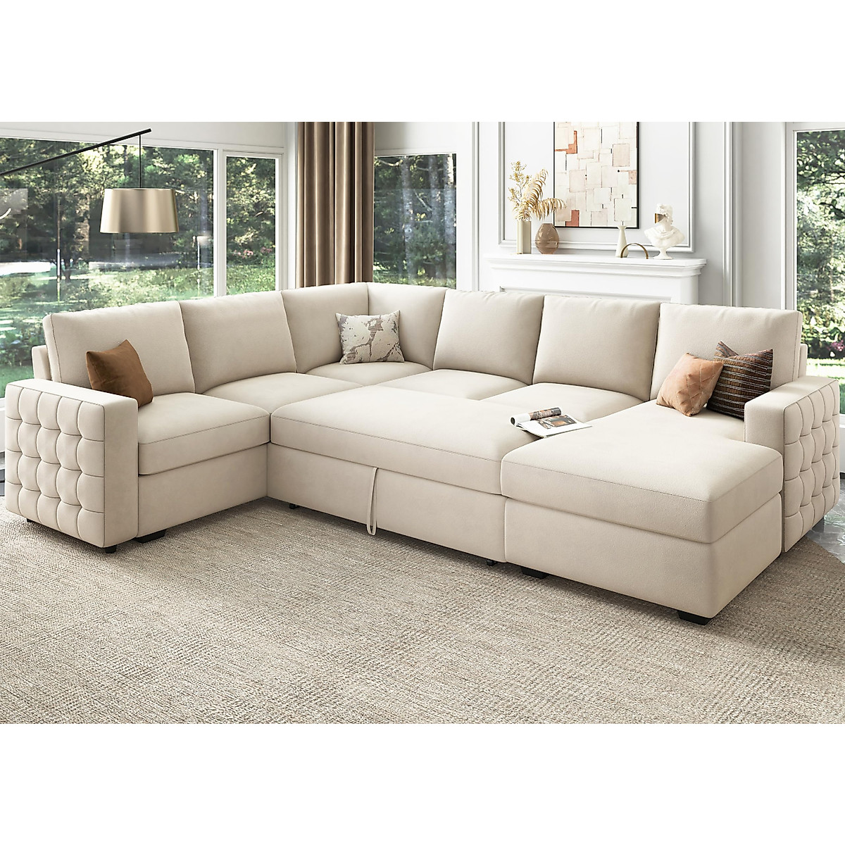 HONBAY Sleeper Sectional Sofa with Storage Chaise U Shaped Sectional Couch for Living Room, Velvet Sleeper Sectional Couch with Pullout Bed, Beige
