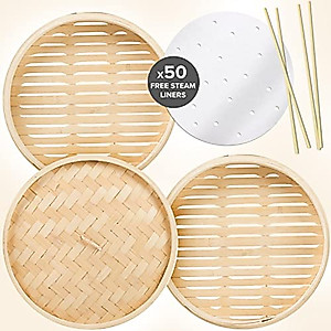 Prime Home Direct Bamboo Steamer Basket 10-inch | 2-Tier Steamer for Cooking | 50 Liners, Chopsticks & Sauce Dish | Dumpling Steamer, Food Steamer Baskets for Cooking - Rice & Vegetable Steamer Pot