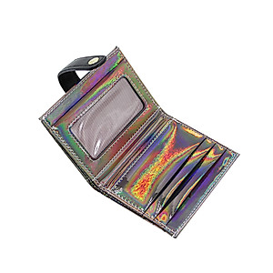 MINGSEECESS Women Bifold Leather Small Wallet Shiny Holographic Zipper Card Holder Coin Change Wallet Clutch Purse with 2 Straps