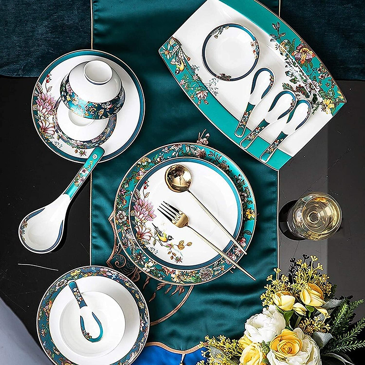 Porcelain Plate and Bowl Set,Dinnerware Set for Home or Special Restaurant, Ceramics Dinner Set, 52 Pieces Porcelain Dinnerware Sets | Bone China Soup Pot and Enamel Cereals Bowls - High-end Wedding