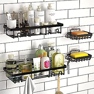 RISETEX Adhesive Shower Caddy,Bathroom Shower Organizer and Soap Dishes with Hooks,No Drilling Traceless Rustproof Bathroom Storage Wall Shower Organizer for Bathroom Toilet Kitchen RVs (Black 4)