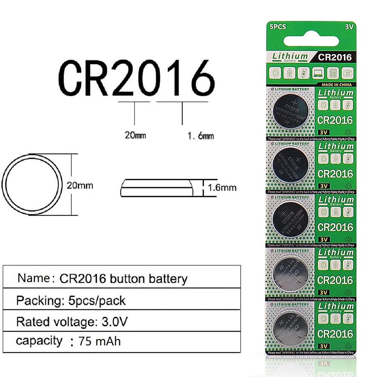 Cotchear 5pcs/Pack CR2016 Coin Battery CR2016 3V Lithium Cell Battery DL2016 ECR2016 LM2016 BR2016 CR 2016 Button Batteries for Watch Toy