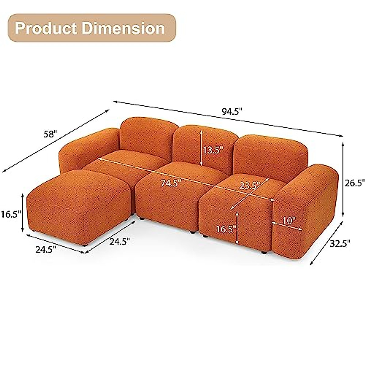 Tmsan Modular Sectional Sofa, Convertible L Shaped Couch, 94.5" Cloud Couches for Living Room Set, Teddy Fabric, Orange