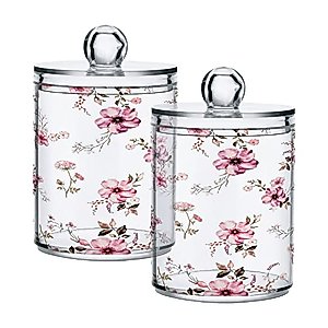 Kigai 2PCS Pink Flowers Qtip Holder Dispenser with Lids - 14 oz Bathroom Storage Organizer Set, Clear Apothecary Jars Food Storage Containers, for Tea, Coffee, Cotton Ball, Floss