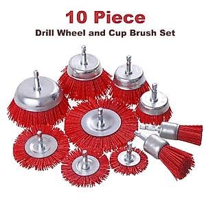 Rocaris 10 Pack Nylon Filament Abrasive Wire Brush Wheel & Cup Brush Set with 1/4 Inch Hex Shank, for Removal of Rust/Corrosion/Paint