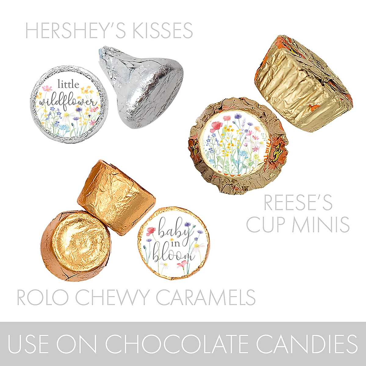 Little Wildflower Baby Shower Chocolate Kisses Candy Stickers, Baby in Bloom Decorations, She's a Wildflower Party Favor Stickers, It's a Girl Spring and Summer - 180 Count