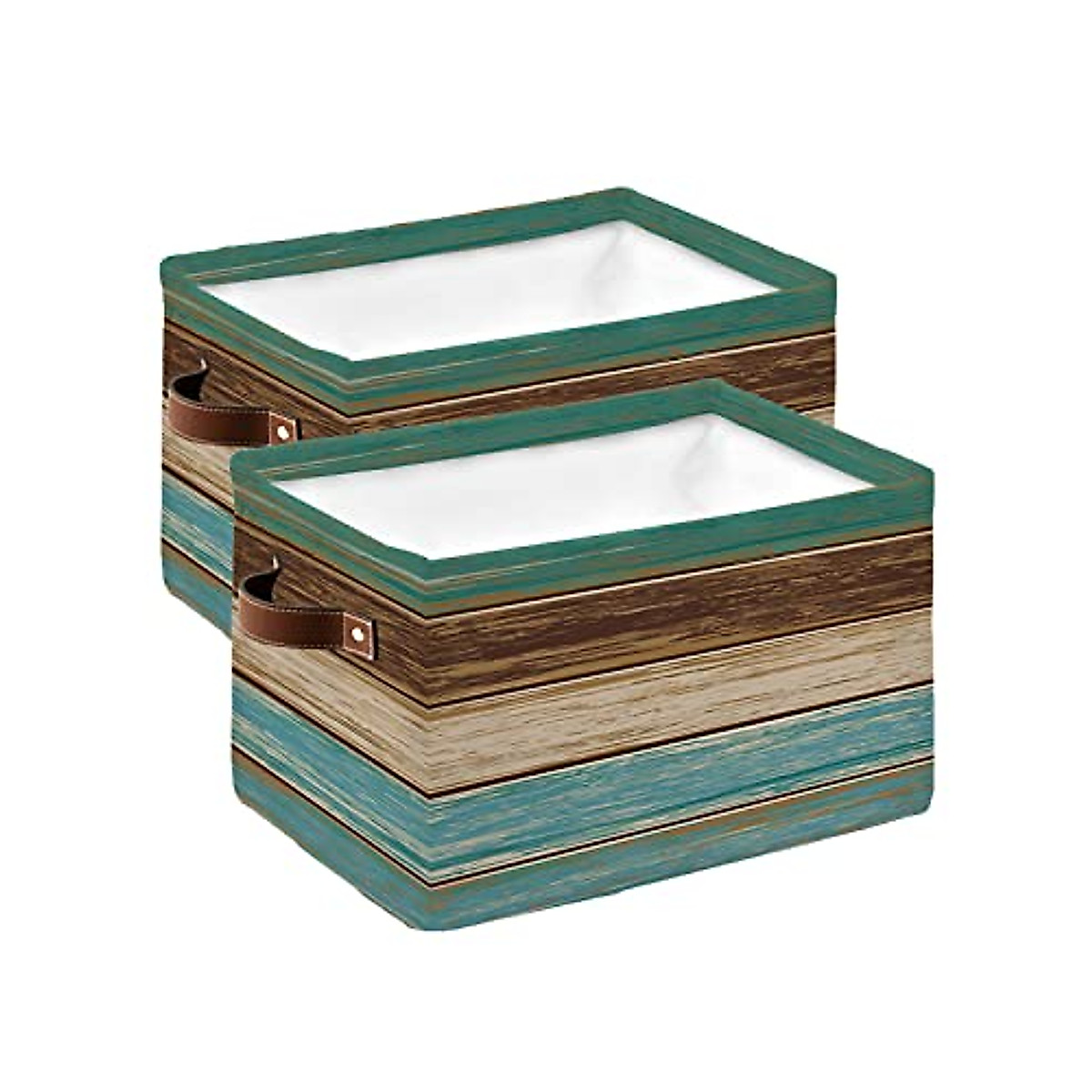 Storage Bins Retro Rustic Barn Wood Teal Green Brown Storage Box Foldable Storage Basket for Shelves Storage Cubes Bin for Organizing Closet Nursery Toy Organizers with Handles