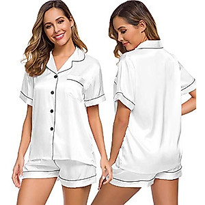 SWOMOG Womens Silk Satin Pajamas Short Sleeve Loungewear Two-Piece Sleepwear Button-Down Pj Set White