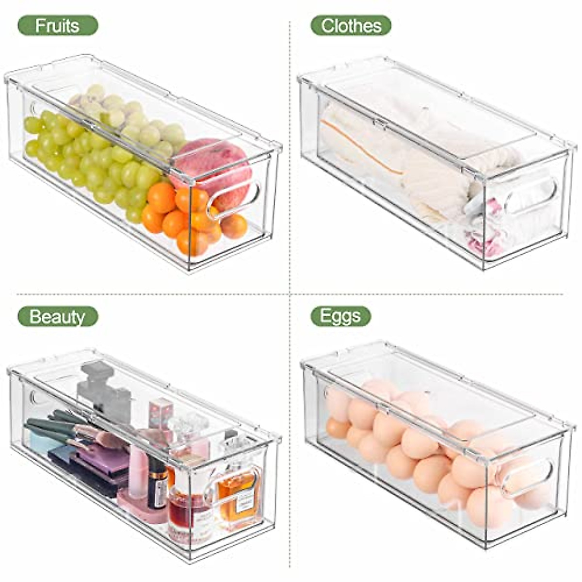 2 Pack Refrigerator Organizer Bins Pull Out Drawers, Clear Stackable Fridge Drawer Organizer with Handle, Fridge Sliding Storage Bins Organization with Drawers for Kitchen, Freezer, Cabinet, Pantry