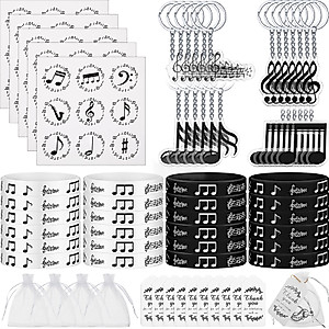187 Pieces Music Party Favors with Music Notes Silicone Bracelets, Metal Musical Note Keychains, Round Label Stickers, Thank You Tags and Sheer Organza Bags for Music Theme Party Supplies Decorations