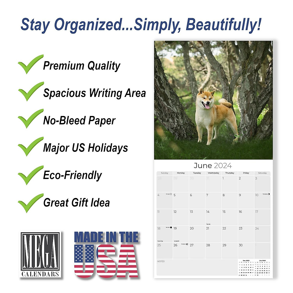 2023 2024 Shiba Inu Calendar - Dog Breed Monthly Wall Calendar - 12 x 24 Open - Thick No-Bleed Paper - Giftable - Academic Teacher's Planner Calendar Organizing & Planning - Made in USA