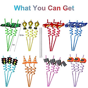 24 Race Car Reusable Straws Kids Party Favors Birthday Two Fast Party Supplies Favors Drink Markers with 2 PCS Cleaning Brushes