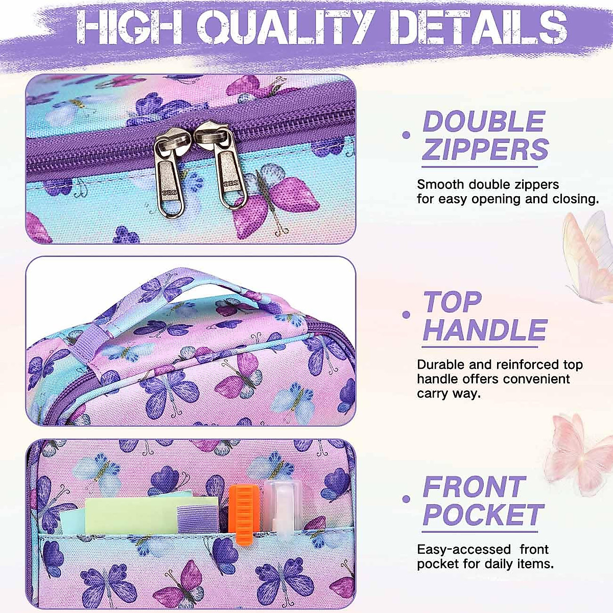 Kasqo Large Pencil Case, Marker Pencils Pouch Bag Holder Polyester Stationery Storage Multiple Compartment Top Handle for Middle High School Office College Student Girl Women Adult Teens, Butterfly