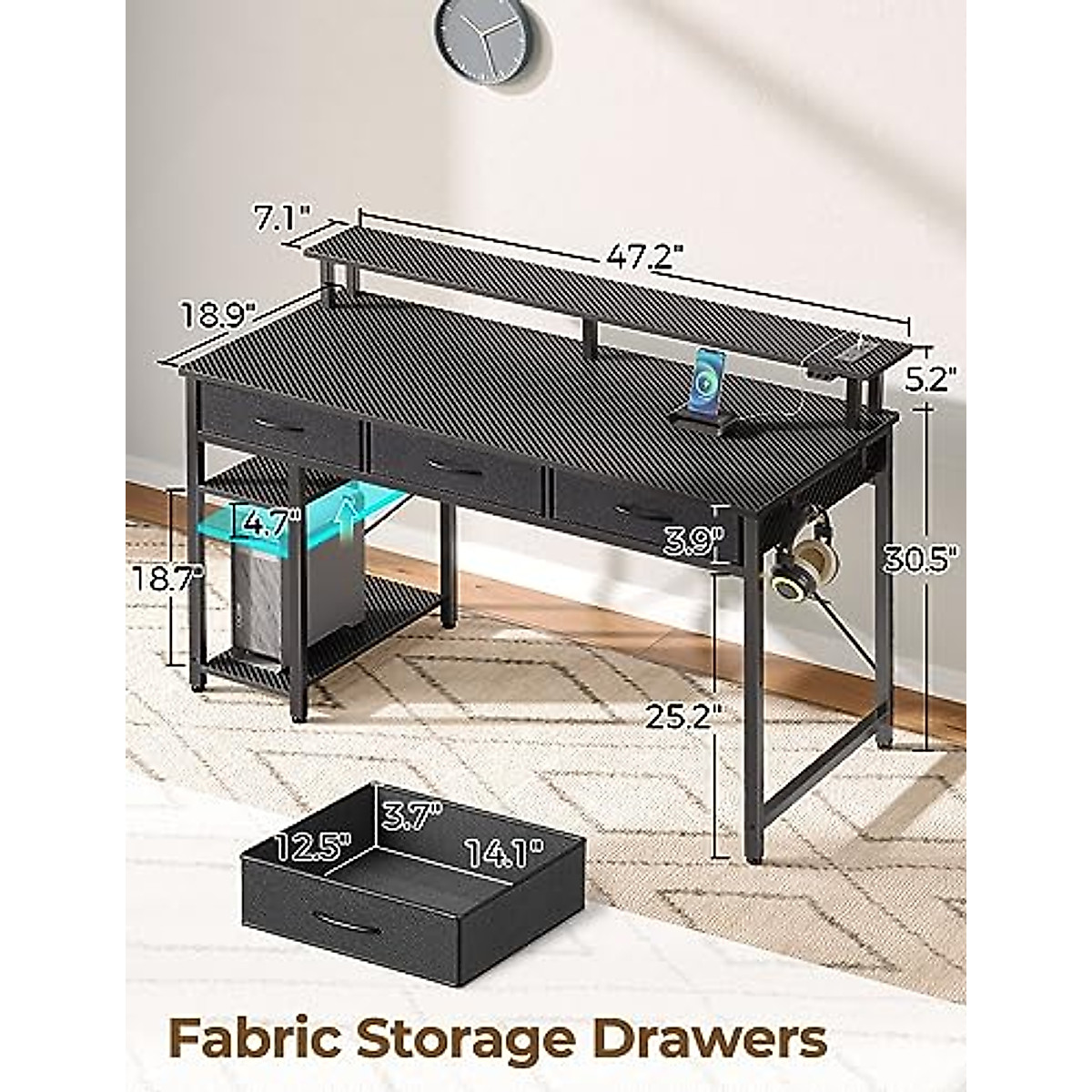 Rolanstar Computer Desk with Power Outlets & LED Light, 47 inch Home Office Desk with 3 Drawers and Storage Shelves, Writing Desk with Monitor Stand, Modern Work Desk for Home Office, Carbon Black