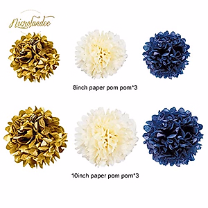 NICROLANDEE Navy Blue Gold Party Decoration Kit Nautical Baby Shower Hanging Pom Poms Paper Garland Party Confetti for Navy Party Get Ready Bridal Shower Wedding Birthday Bachelorette (Navy Gold)