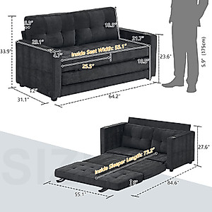 VINGLI Upgraded 64" W 84" L Full Size Futon Sofa Bed, 6" Thick Upholstery Chenille Loveseat Sofa Sleeper Pull Out Couch,Convertible Floor Couch for Living Room, Bedroom, Entertainment Room, Dark Grey