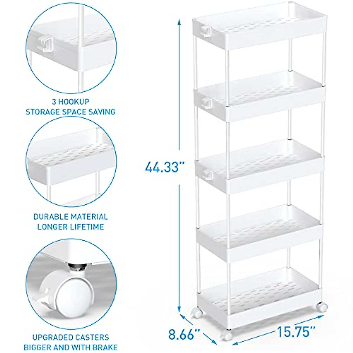 SPACEKEEPER 5-Tier Storage Cart, Bathroom Storage Organizer Rolling Utility Cart, Mobile Shelving Unit Slide Out Storage Shelves for Kitchen Living Room Bathroom Laundry Room & Dressers, White