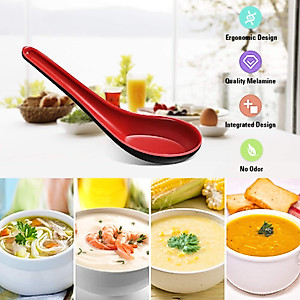 Vesici 12 Pcs Asian Soup Spoons Chinese Japanese Soup Spoon Melamine Rice, Wonton, Soba, Pho, Ramen, Noodle Soup Spoons Asian Red and Black for Kitchen and Home