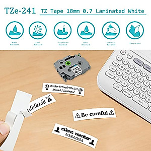 TZe TZ Tape 18mm 0.7 Laminated White Replacement for Brother P Touch TZe-241 TZe241 18mm Label Maker Tape Work for Brother PTD400AD PTD600 PTD400 PT-P710BT, Black on White, 3-Pack