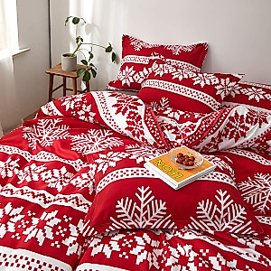 Christmas Duvet Cover Set Queen Size, Red and White Snowflake Xmas Holiday Pattern Design, Soft Microfiber Duvet Cover with Zipper Closure, Includes 1 Duvet Cover and 2 Pillow Shams