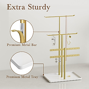 susswiff Jewelry Holder Organizer Stand - Adjustable Jewelry Tree 17.5" Height (Max), Jewlery Hanger for Necklaces, Bracelets, Earrings, Aesthetic for Storage and Display, Metal, Gold and White