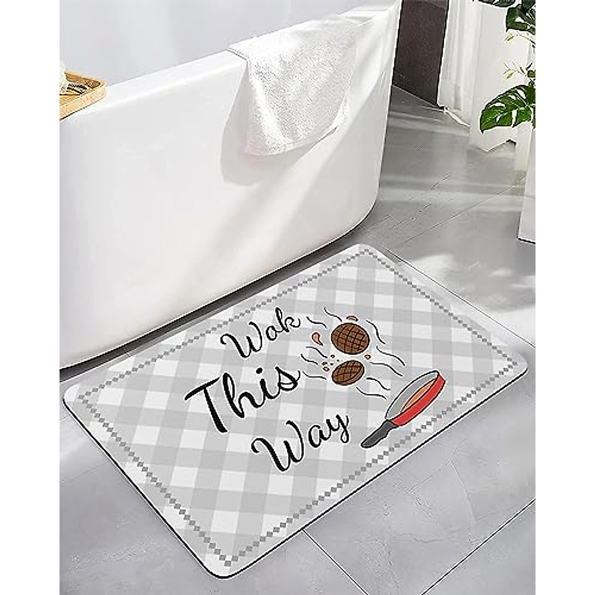 Gogobebe Super Absorbent Diatom Mud Mat Wok This Way Kitchen Sign Gray Checked Quick-Drying Thin Bath Mat Non-Slip Bathtub Mat Anti-Skid Rubber Bathroom Shower Mat 16x24in